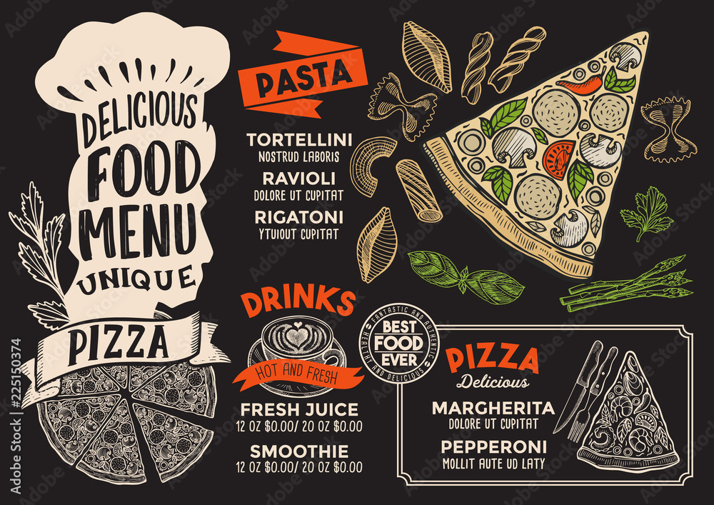 Pizza food menu template for restaurant with chefs hat lettering. Stock ...