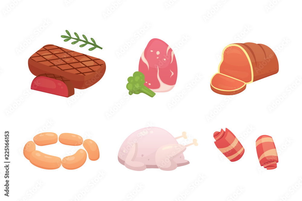 Set fresh meat products. Steak in cartoon style. Vector isolated ...