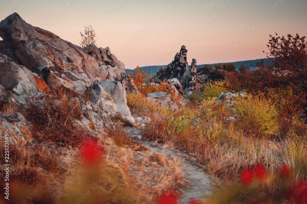 Sand stones rocks in the nature at colorful red sunset light. Sandstone ...