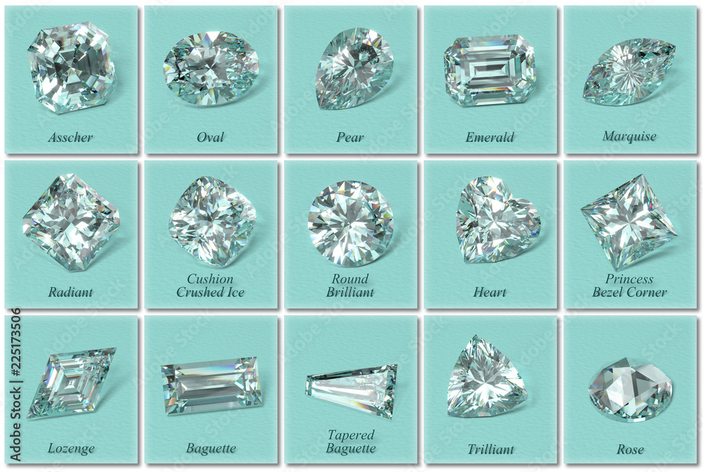 Fifteen the most popular diamond cut styles with labels on tiffany blue ...