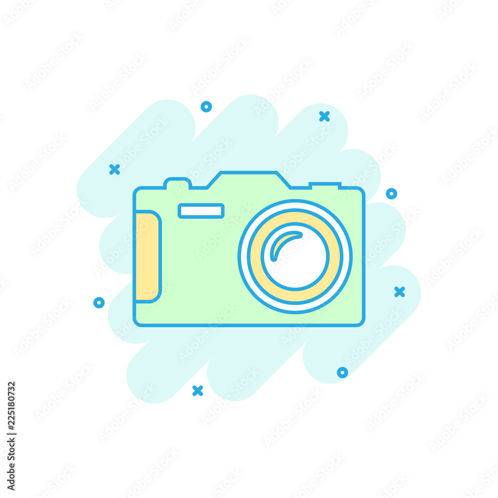 Cartoon colored photo camera icon in comic style. Photographer cam ...