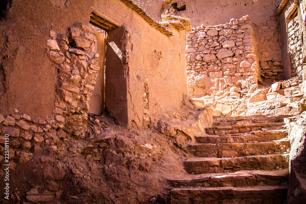 Stone steps in the traditional ancient Berber city. Africa Morocco Ait ...