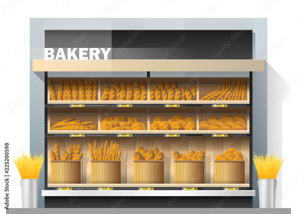 Different kinds of bread display on shelf in supermarket , vector ...