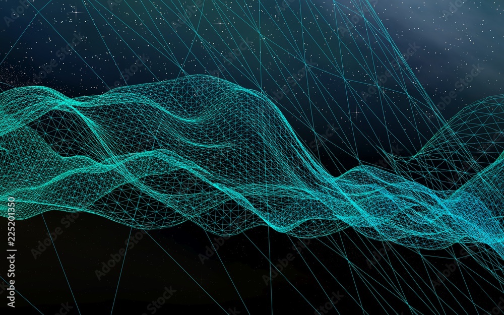 Abstract landscape on a dark background. Star horizon. Cyberspace grid ...