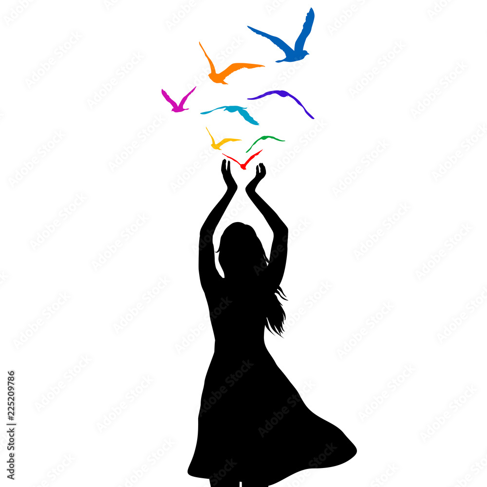 Abstract illustration of a woman silhouette with birds flying from her ...
