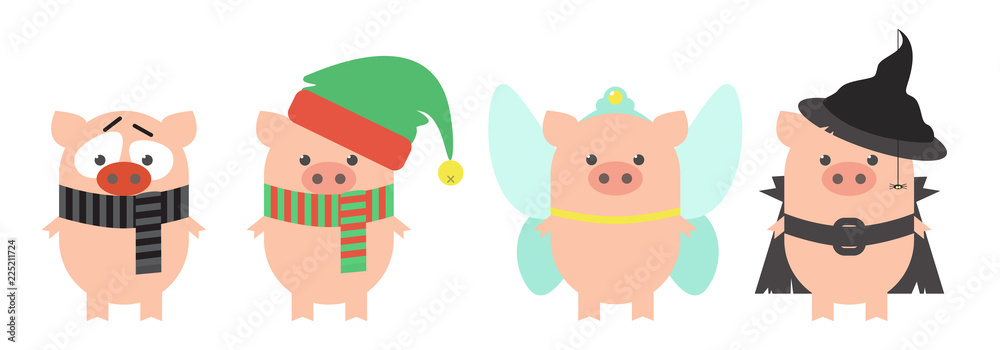 Pig in carnival costumes. Set. Pig in the costume of the New Year's elf ...