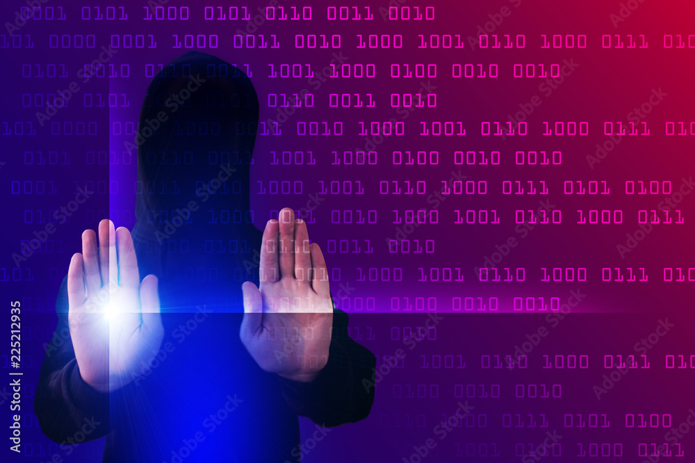 Abstract computer background with hacker in the hood. The flow of energy from the hands of a ...