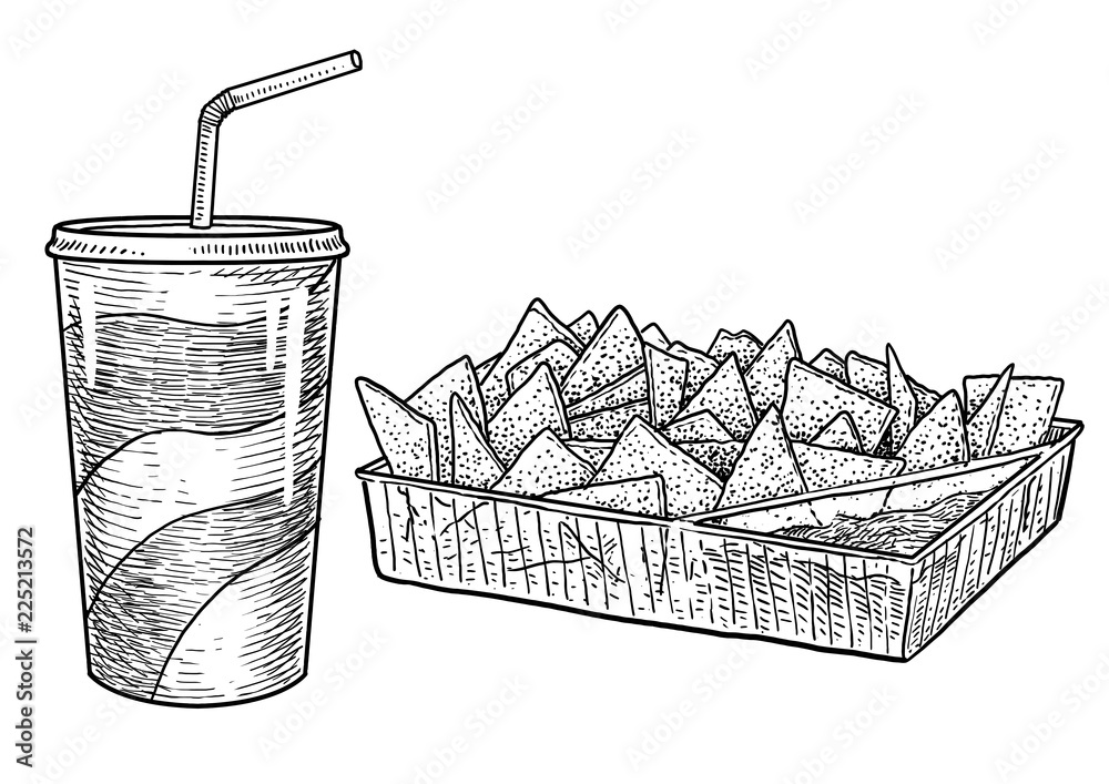 Drink, nachos, chips, illustration, drawing, engraving, ink, line art ...