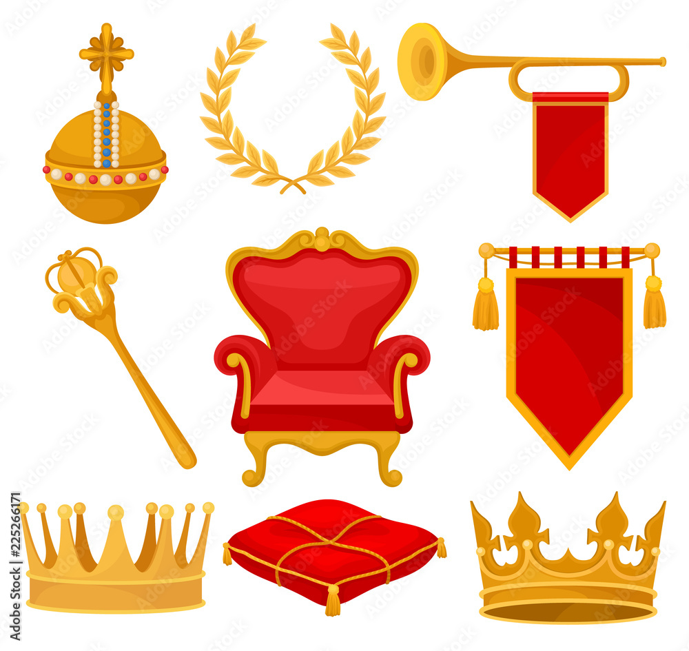 Monarchy attributes set, golden orb, laurel wreath, trumpet, throne ...