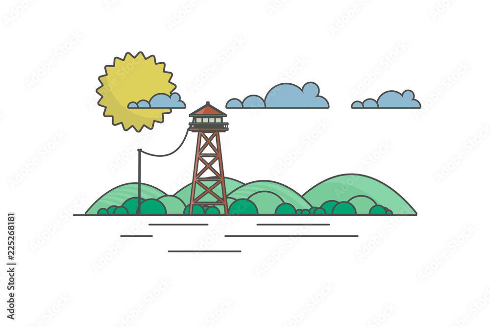 Vector Flat Art landscape with outline stroke design, with fire lookout ...