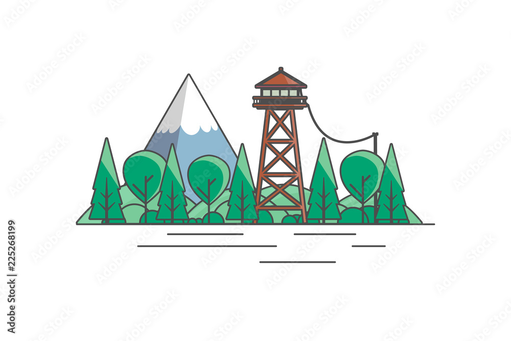 Vector Flat Art landscape with outline stroke design, with fire lookout ...