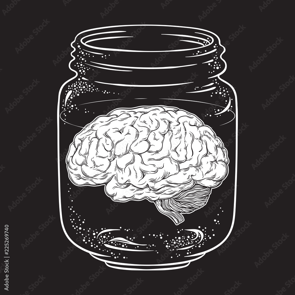 Human brain in glass jar isolated. Sticker, print or blackwork tattoo ...