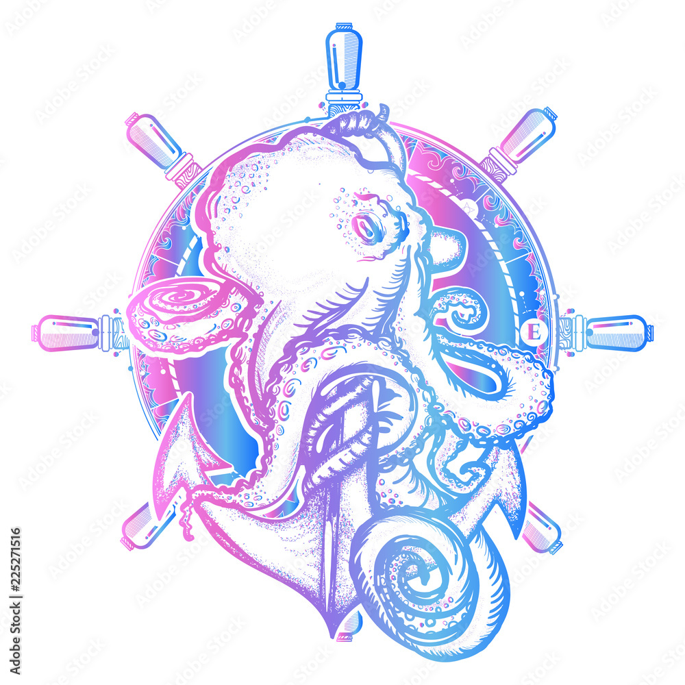 Octopus and anchor tattoo and t-shirt design. Symbol of a sea adventure ...