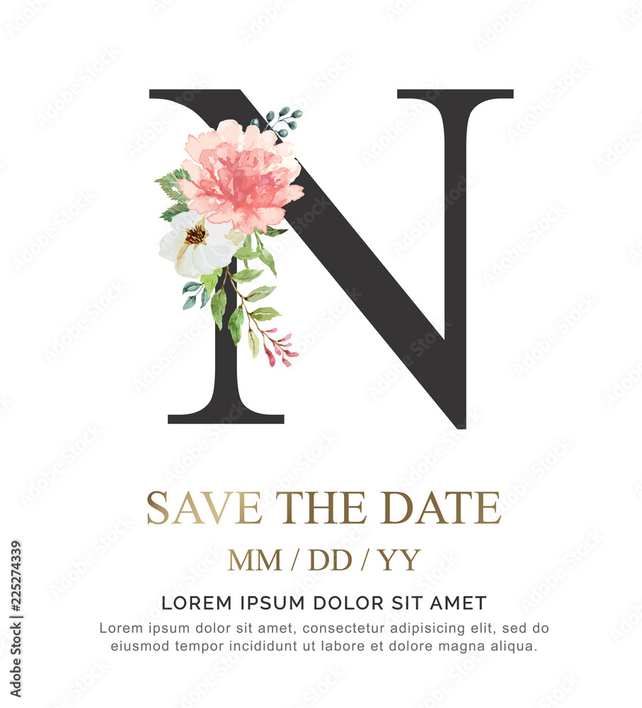 Alphabet N flower font made of paint floral and leaf watercolor on ...
