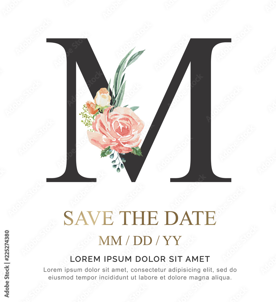 Alphabet M flower font made of paint floral and leaf watercolor on ...