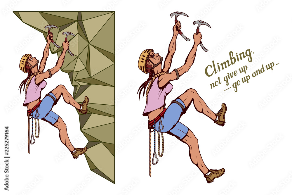 alpinist slogan with girl, woman mountaineer, alpine climbing, alpinism ...