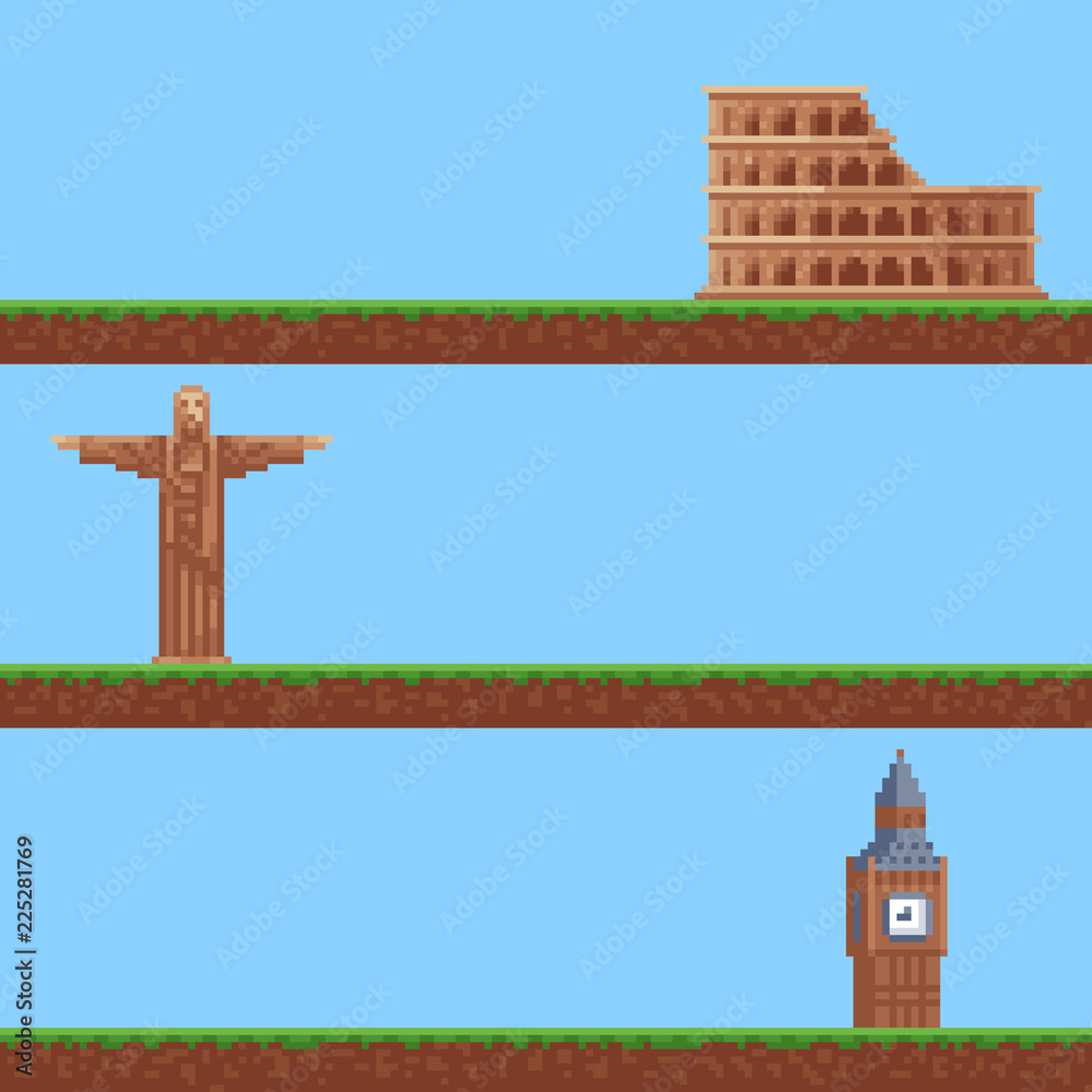 set of backgrounds. pixels 8 bit game, architecture of the world Stock ...