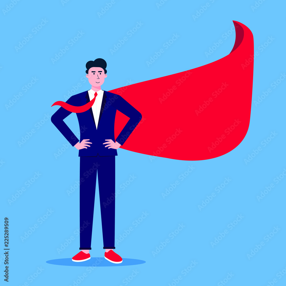 Successful male man, leader, business man in suit and red cape flat ...