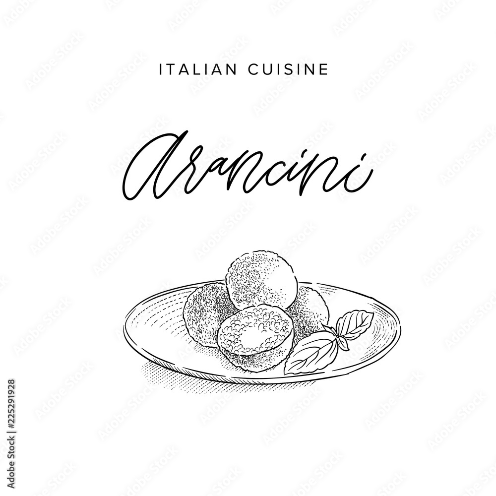 fried rice balls arancini on a plate, sketch style vector illustration ...