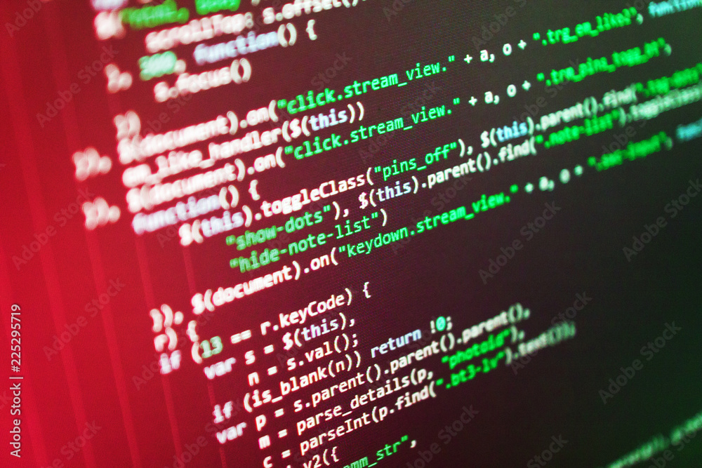 Software engineer at work. Website HTML Code on the Laptop Display Closeup Photo. Big data and ...
