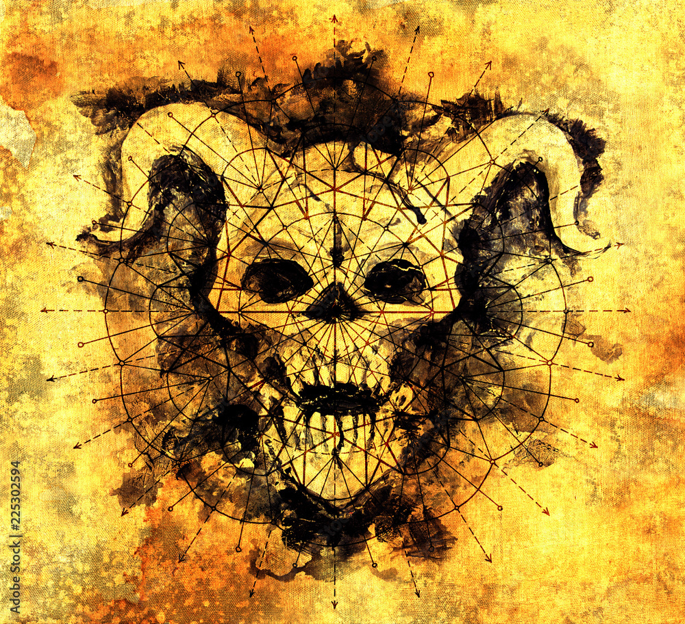 Demon with horns and geometric circle pattern on old paper texture ...