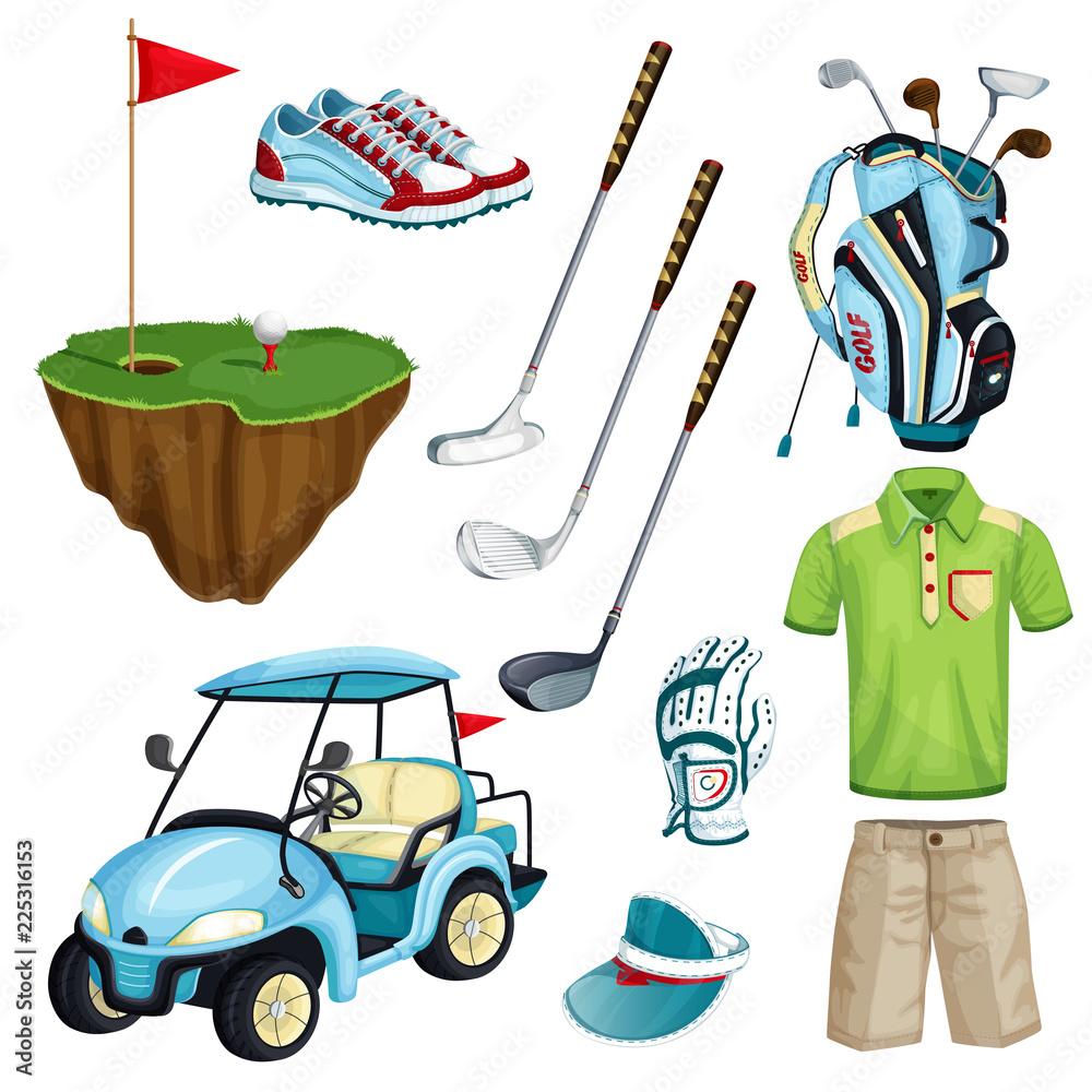 Golf club vector cartoon icons and design elements set. Golf cart, ball ...
