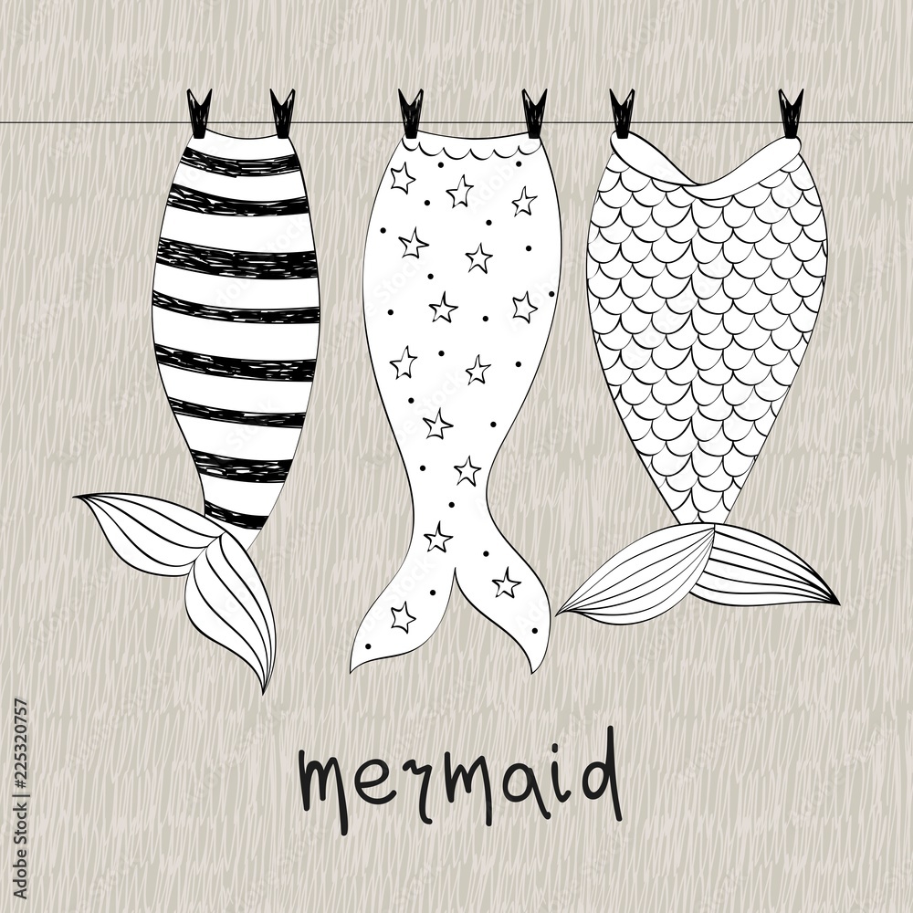 Vector hand drawn illustration with mermaid tails Stock Vector | Adobe ...