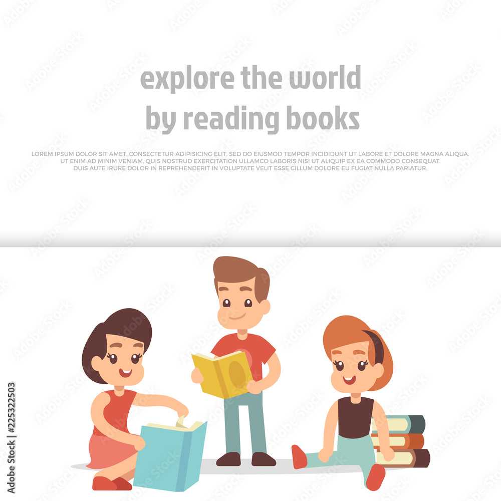 Little kids reading books. Cartoon character children vector banner and ...