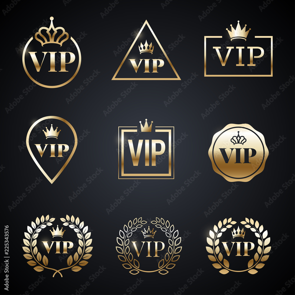 Golden VIP label set isolated on dark background. Symbol of exclusivity ...