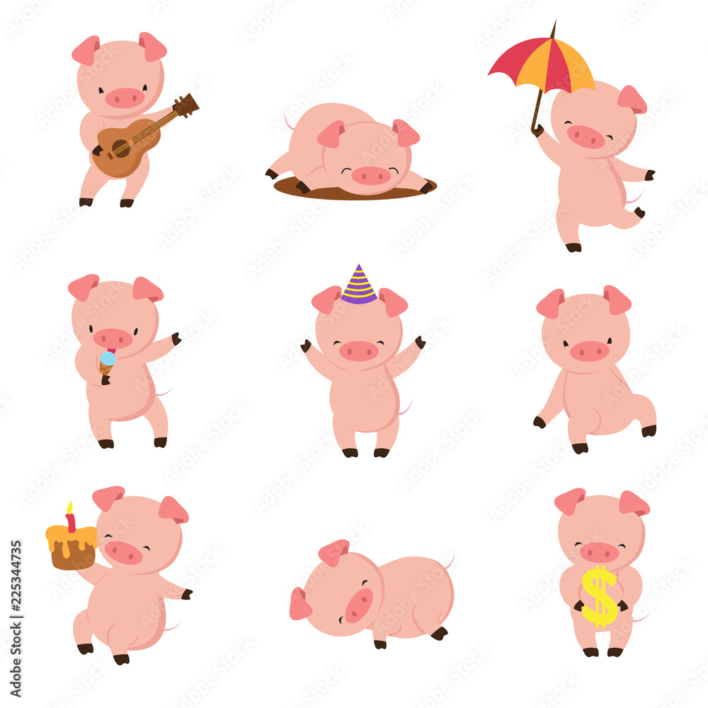 Cartoon pig. Cute smiling pigs playing in mud. Vector farm animal ...