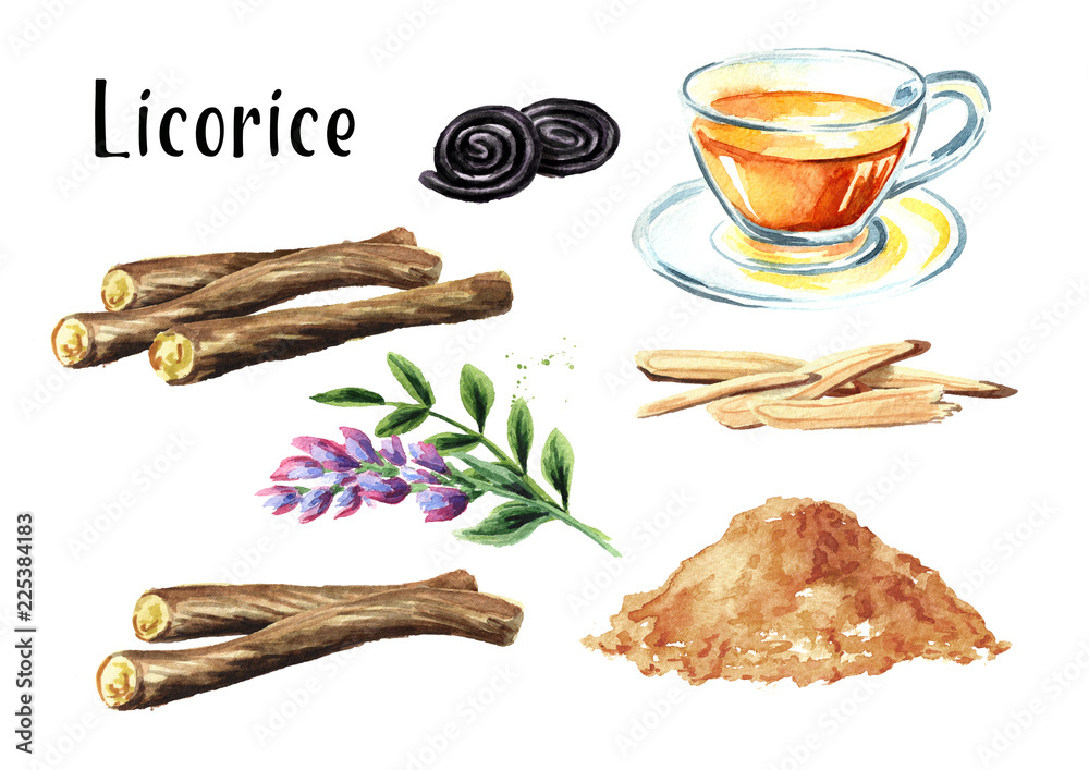 Licorice root, flower, tea, candy set. Watercolor hand drawn ...