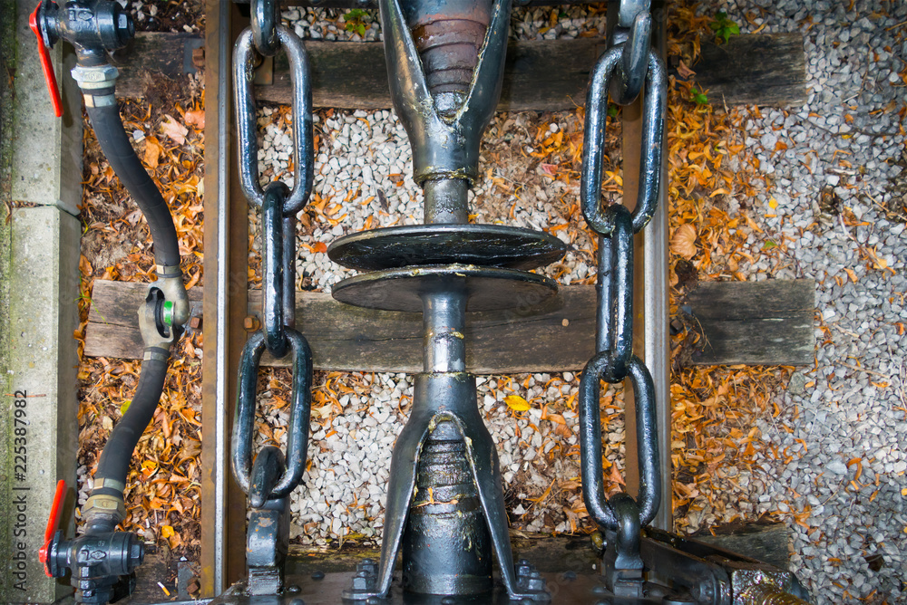Standard type of connection between old train on railways. Traditional ...