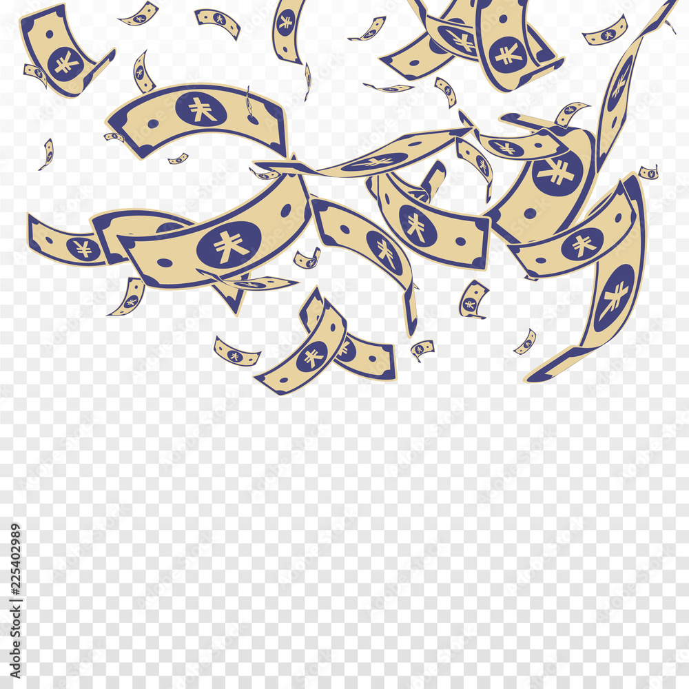 Chinese yuan notes falling. Random CNY bills on transparent background ...