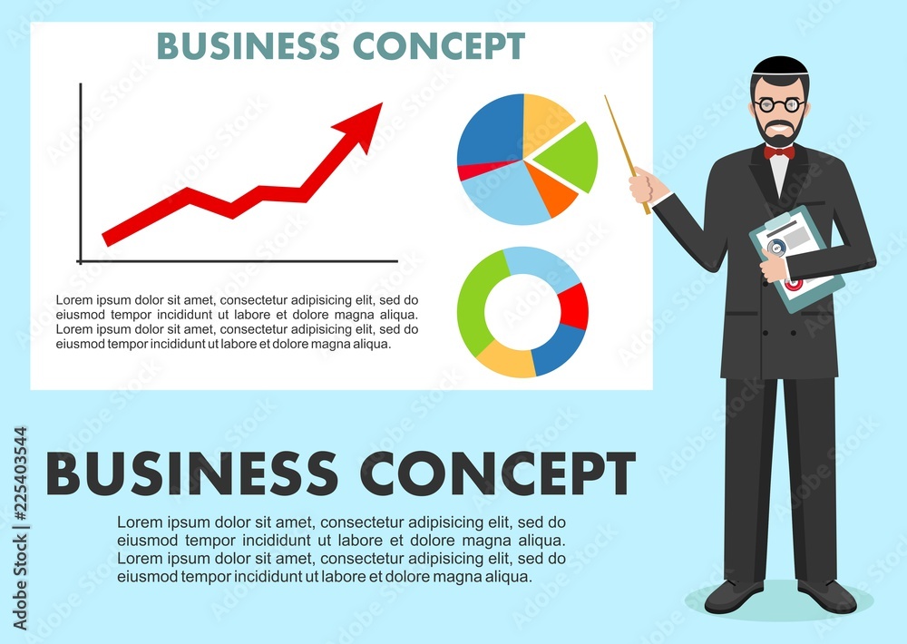 Business concept. Jewish businessman near whiteboard and pointing on ...