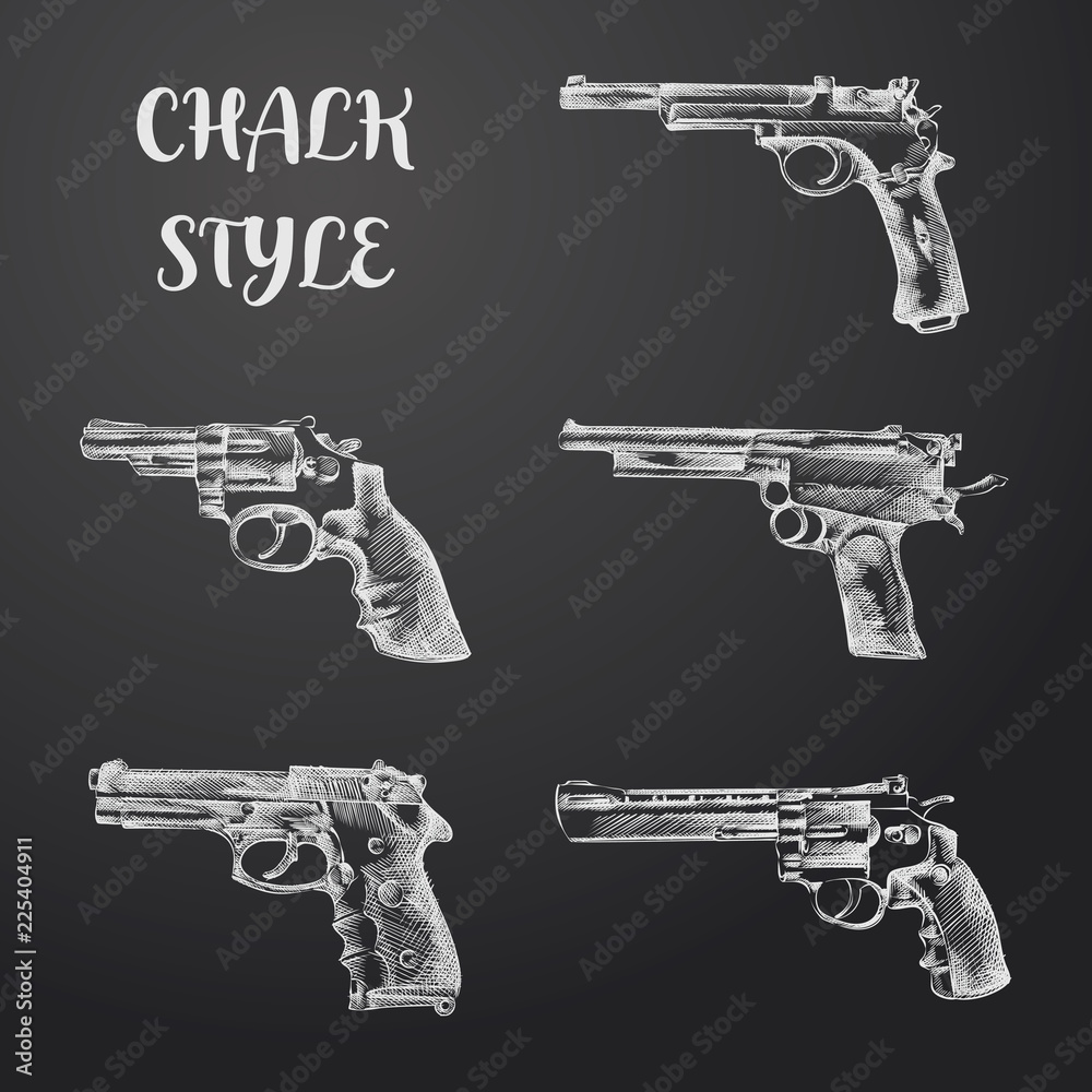 Hand Drawn Gun Sketches Set. Collection Of revolver And Other Sketch ...