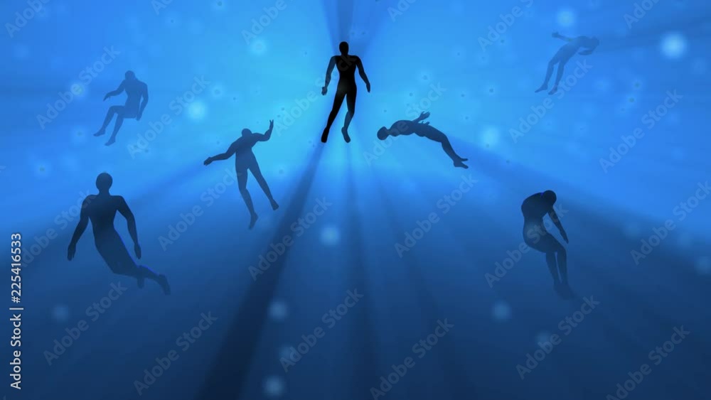 Glowing people, orbs of light in blue fog. Rotating, floating bodies.3d ...