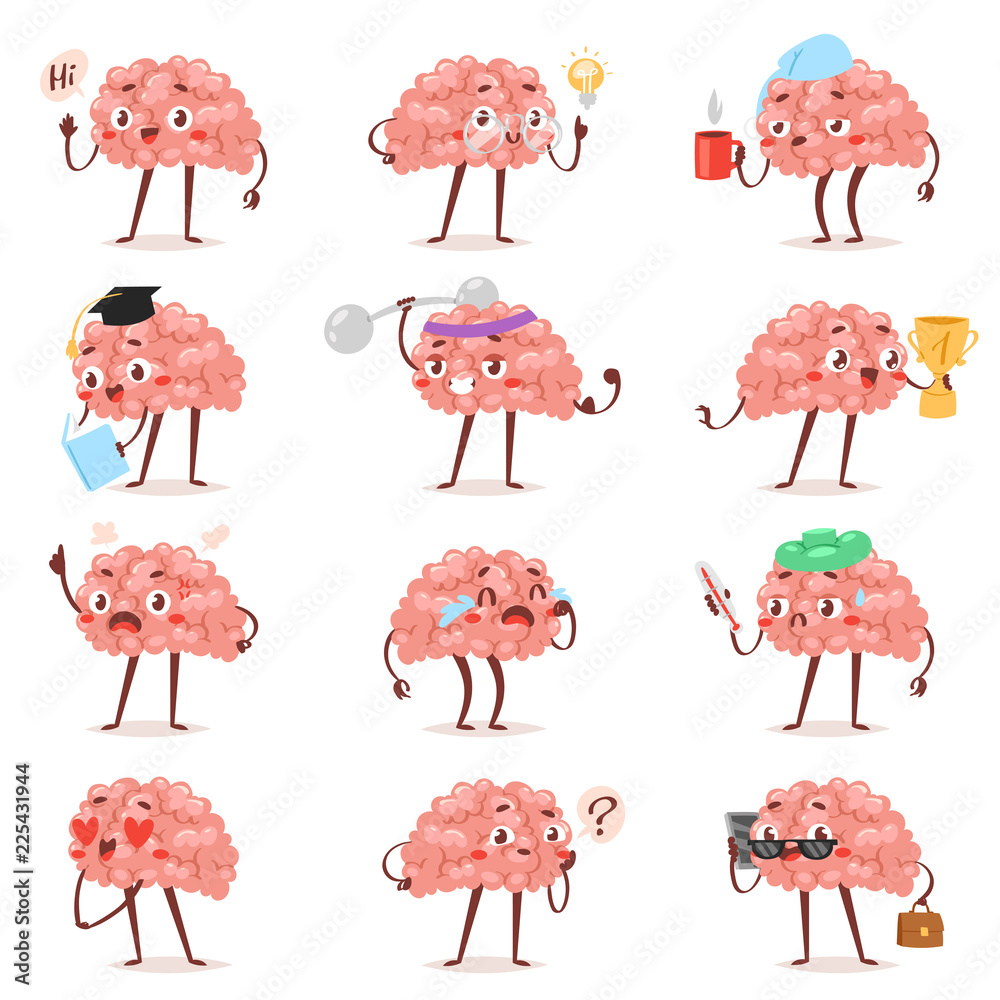 Brain emotion vector cartoon brainy character expression emoticon and ...