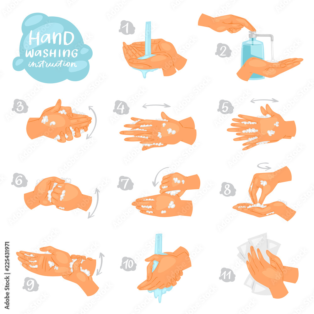 Wash hands vector instructions of washing or cleaning hands with soap ...