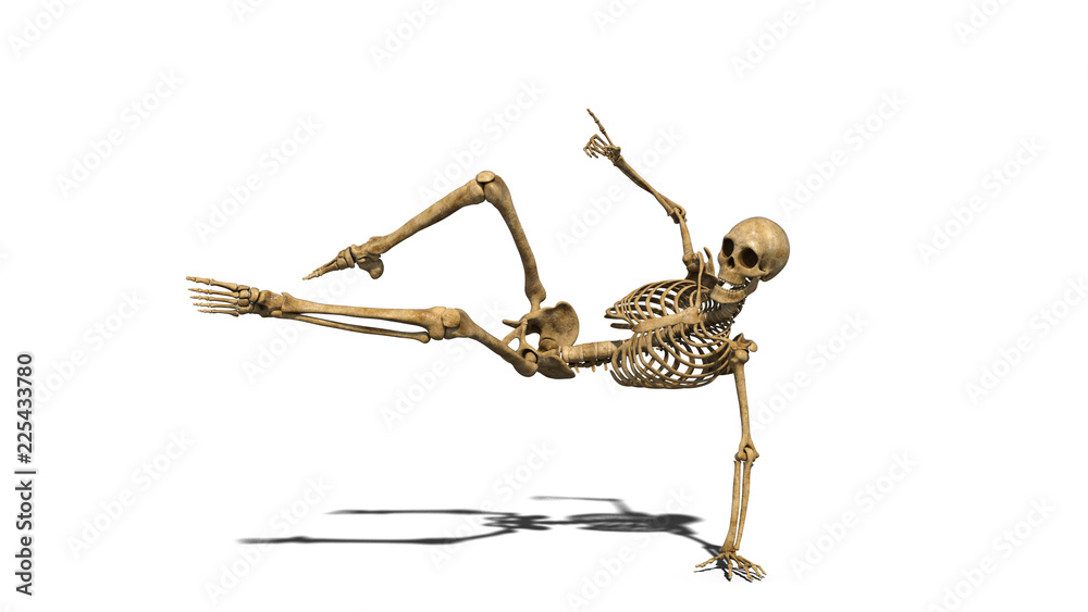 Funny skeleton dancing on the floor, human skeleton exercising on white ...
