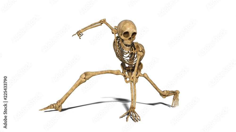 Funny skeleton break dancing on the floor, human skeleton exercising on ...