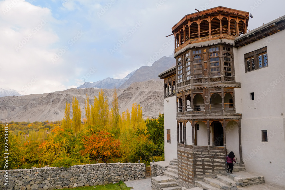 Facade and main entrance of ancient Khaplu palace in autumn, Ghanche ...