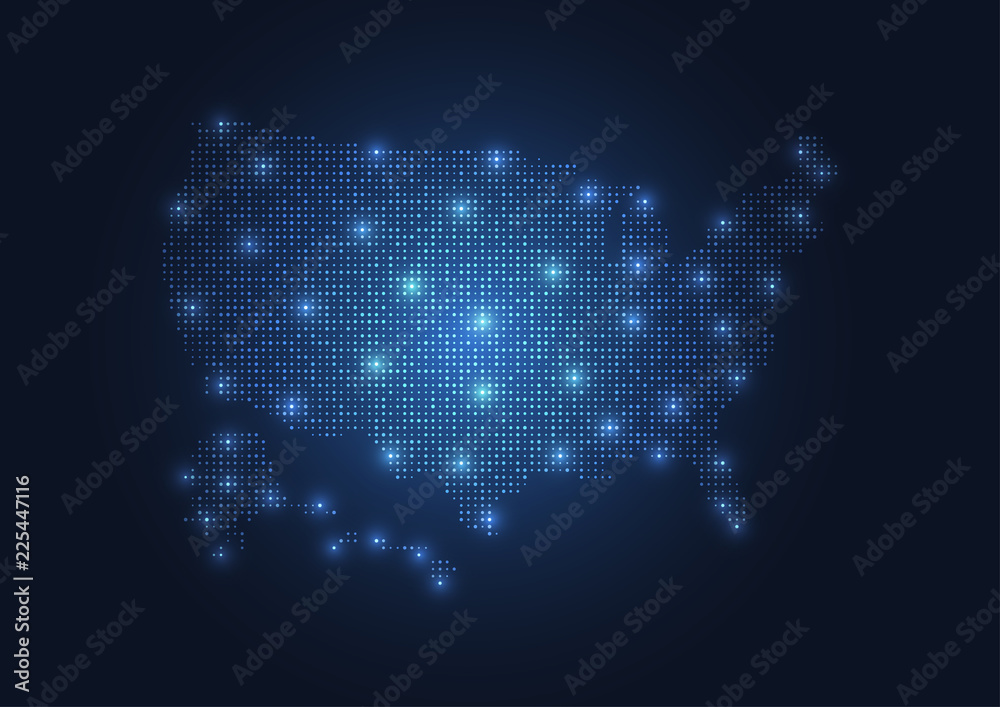 Abstract map of the United States created from dots. Technology and ...