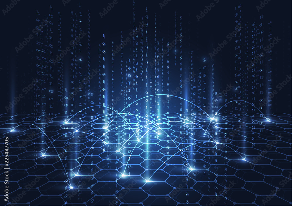 Abstract falling binary code in the matrix technology blue hexagons pattern background for ...