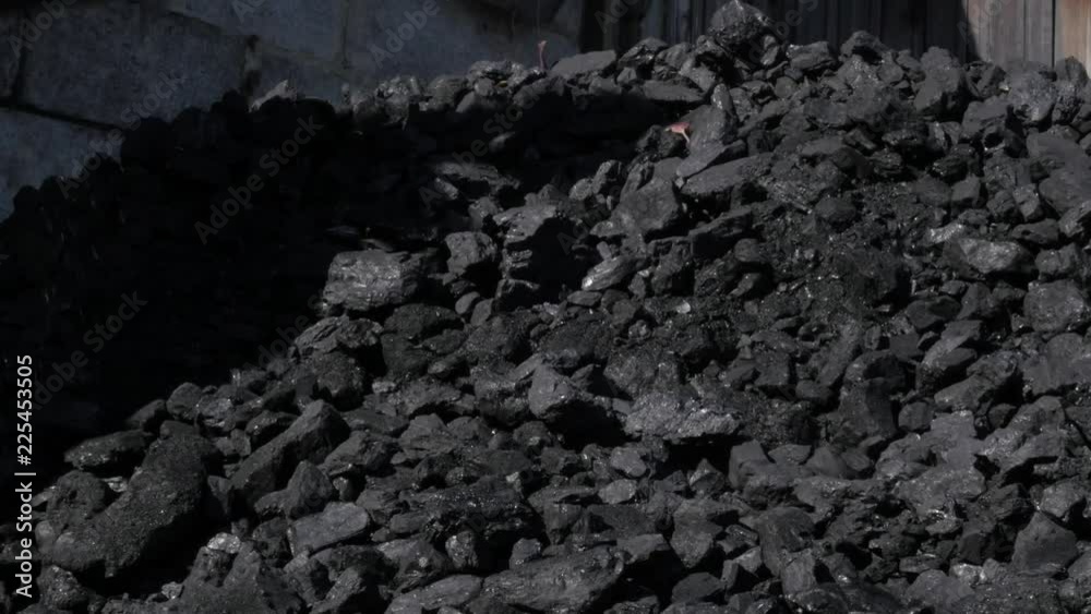 Man with shovel and heap coal in the backyard. coal heating for private ...