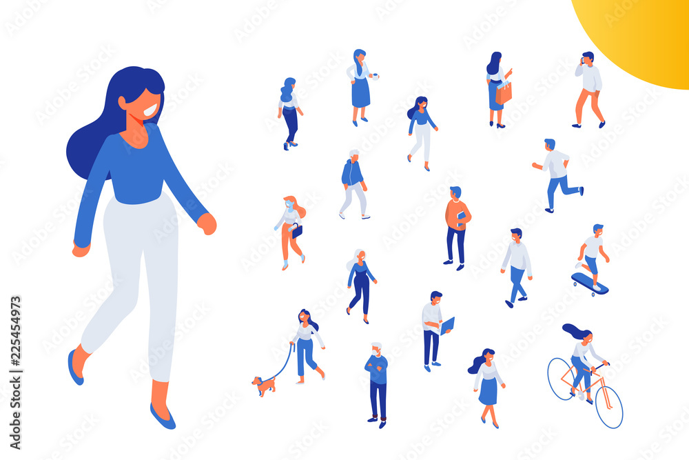 Flat isometric girl walking. Isometric people vector set. Flat vector ...