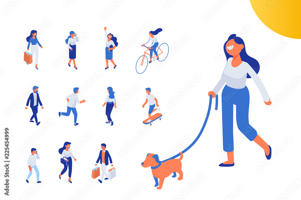 Flat isometric girl walking with dog. Isometric people vector set. Flat ...