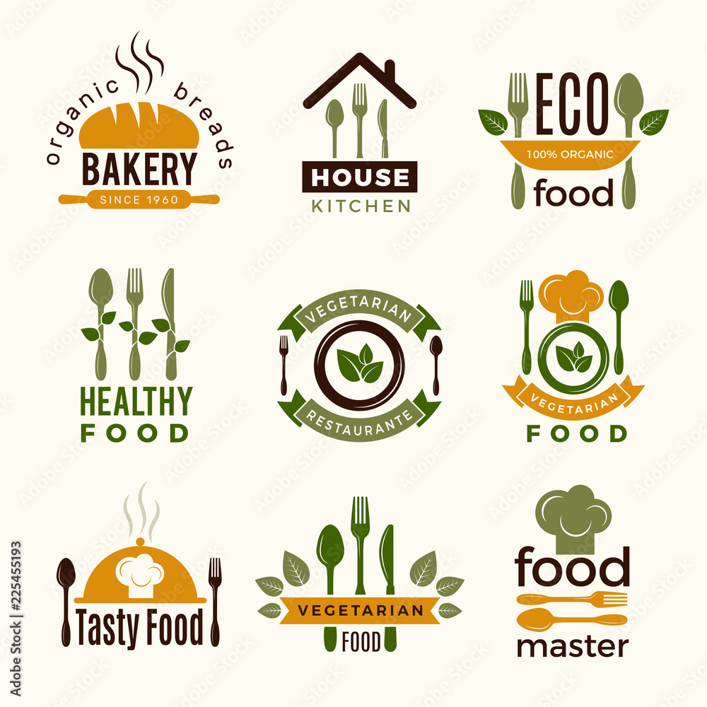 Food logos. Healthy kitchen restaurant buildings cooking house spoon ...