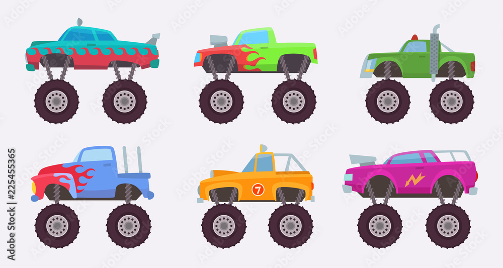 Monster truck. Big wheels of scary car automobile toy for kids vector ...