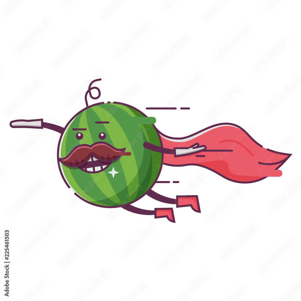 Funny cartoon superhero watermelon character with mustache, humanized ...