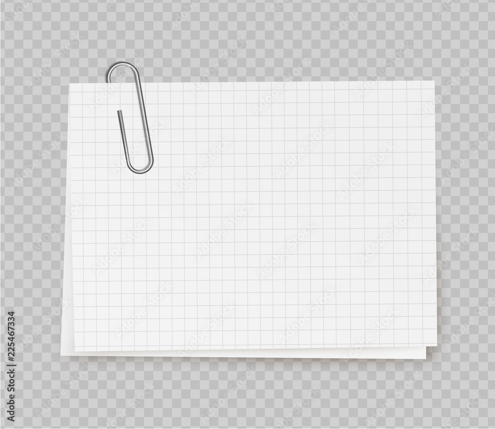 Vector realistic white note lined paper with paper clip on transparent ...